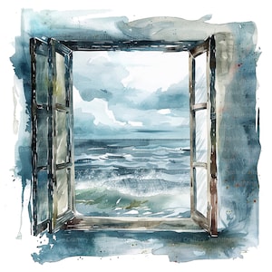 12 Window With Storm View Clipart, Window to Sea Clipart, Printable ...