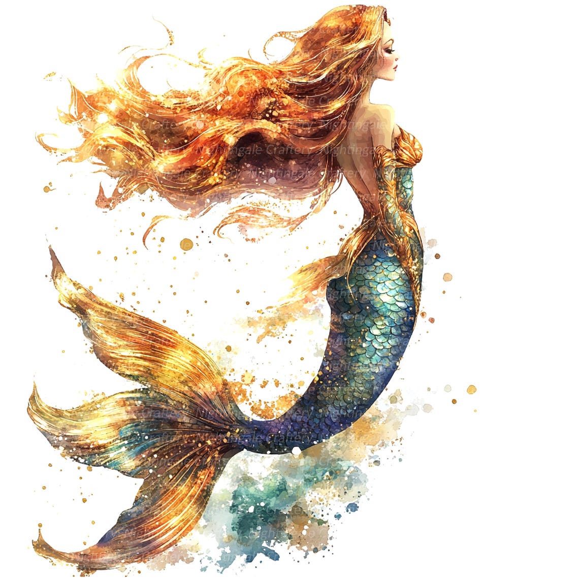 9 Golden Mermaid Clipart, Elegant, Printable Watercolor Clipart, High ...