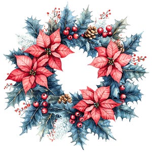 10 Poinsettia Christmas Wreath Clipart, Card Making, Watercolor Clipart ...