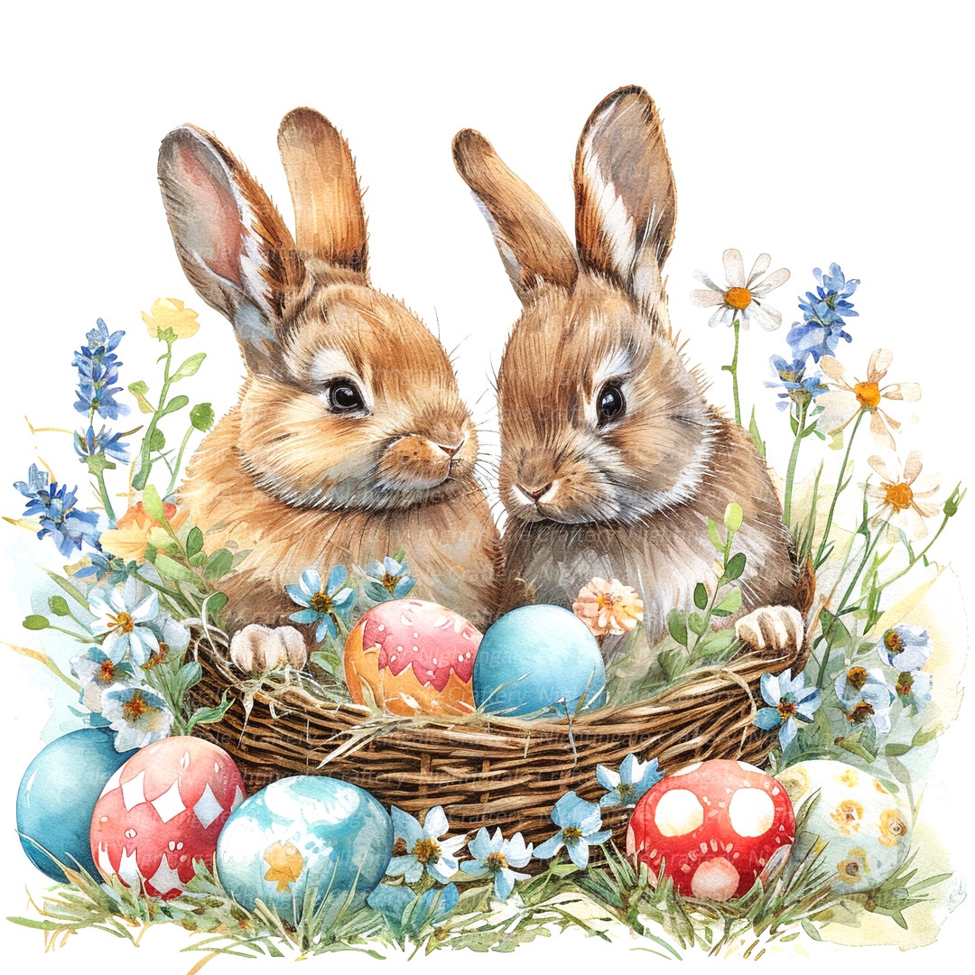 12 Easter Bunny Clipart Set 4, Easter Eggs, Printable Watercolor ...