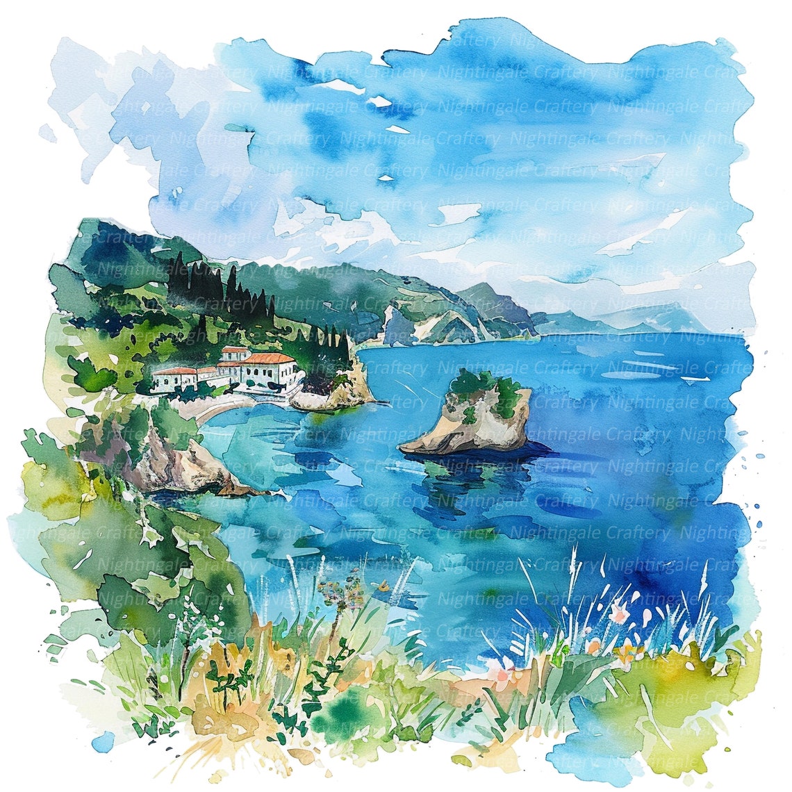 10 Corfu Clipart, Greece Landscape, Printable Watercolor Clipart, High ...