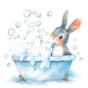 12 Bunny in Bathtub Clipart, Bunny Washing, Printable Watercolor ...