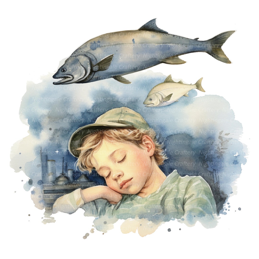 16 Boy Dreaming Clipart, Dreaming Fishing, Fish, Printable Watercolor ...