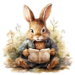 12 Bunny Reading Book Clipart, Bunny Clipart, Printable Watercolor ...