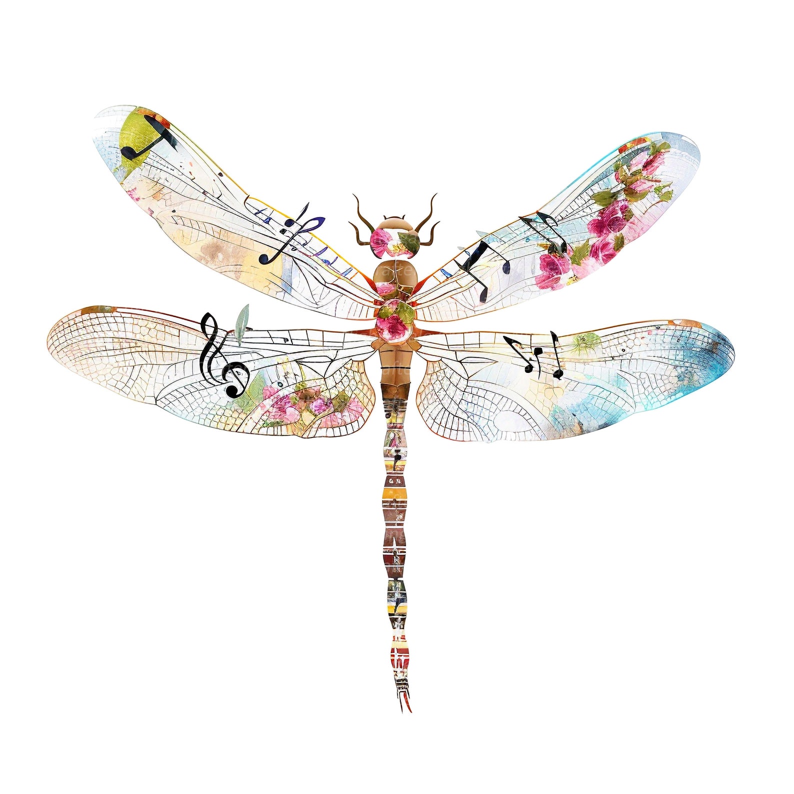 14 Dragonfly Music Notes Clipart, Wall Print, Printable Watercolor ...