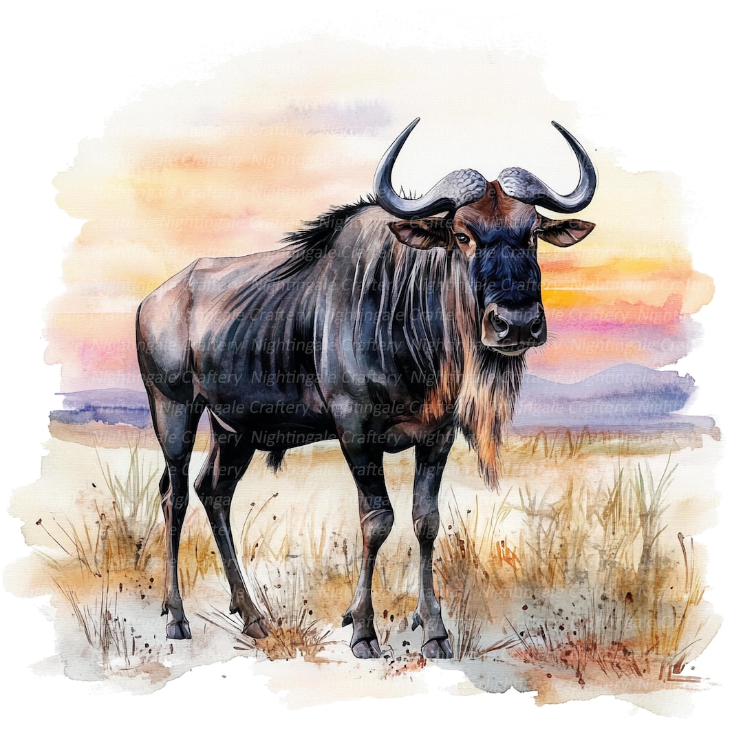 10 Black Wildebeest Clipart, Antelope Gnu, Printable Watercolor Clipart, High Quality Jpgs ...