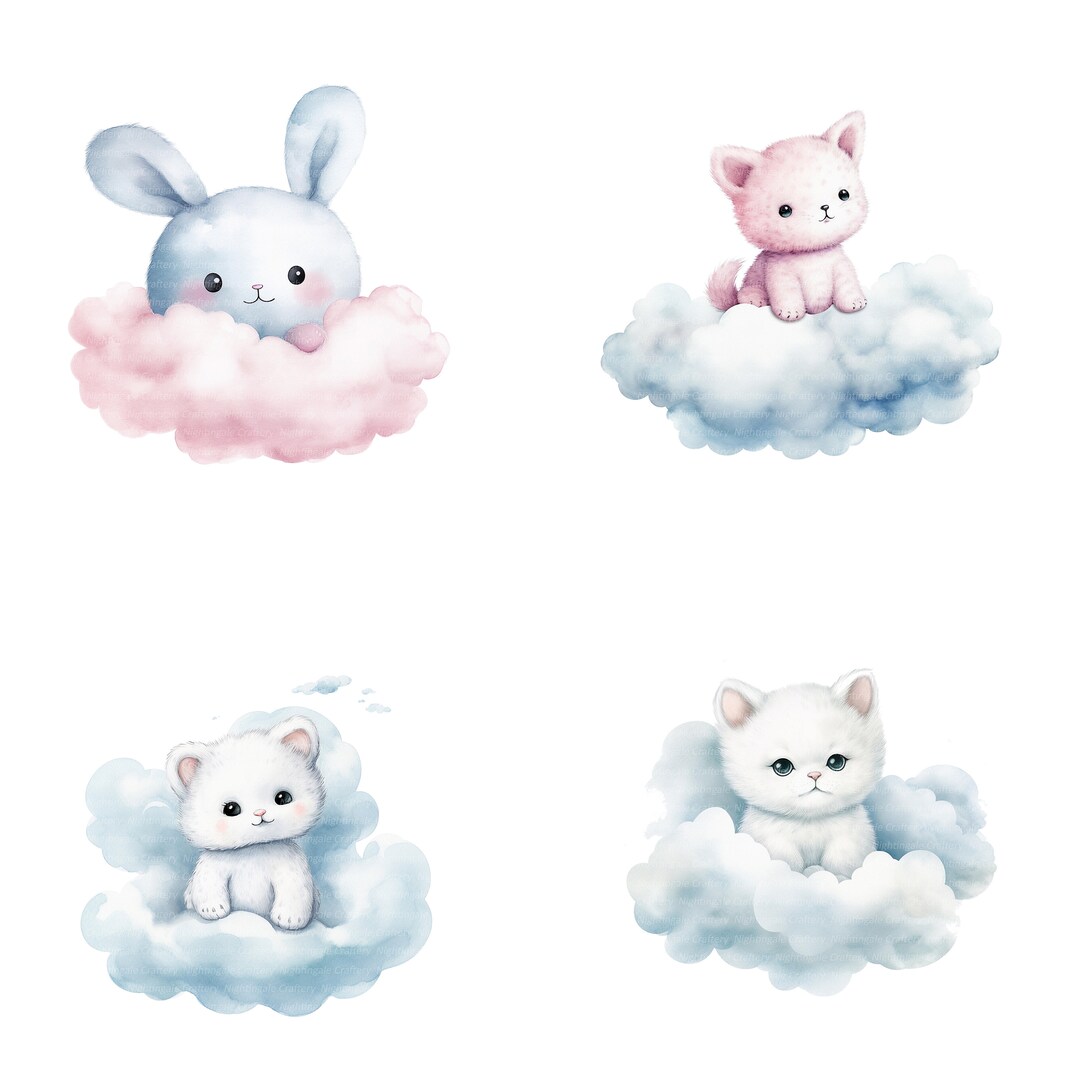 16 Animals in Clouds Clipart, Nursery Prints, Printable Watercolor ...