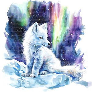 10 Polar Fox Clipart, Northern Lights Print, Printable Watercolor ...