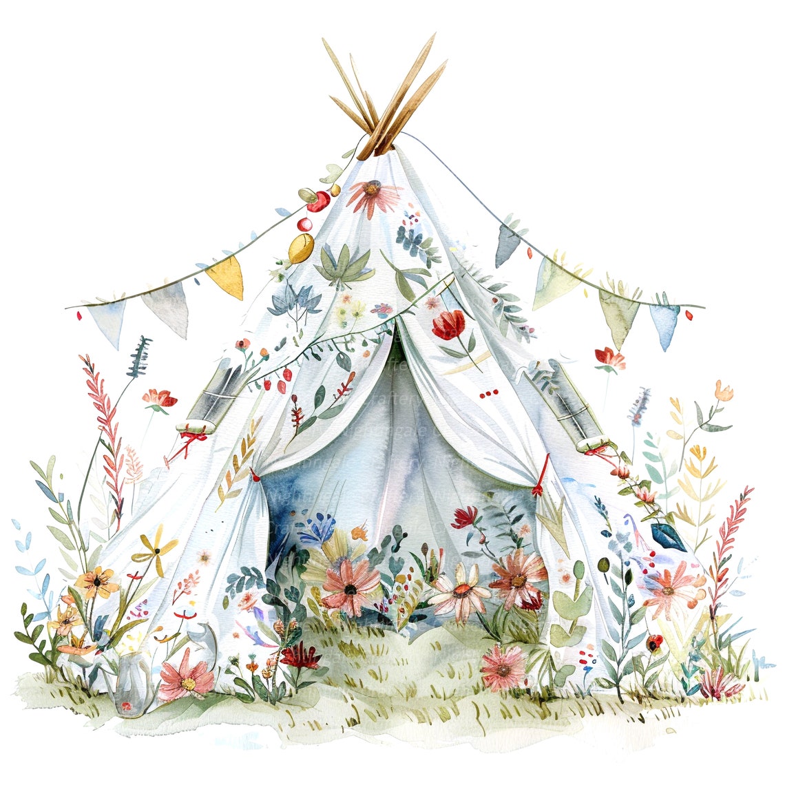 12 Floral Tent Clipart, Boho Tent Clipart, Printable Watercolor Clipart ...