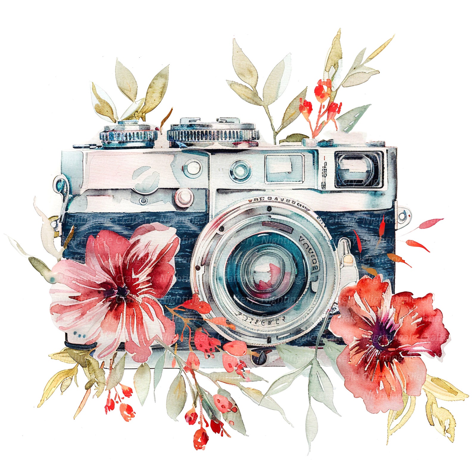 10 Vintage Floral Camera Clipart Set 2, Photo, Printable Watercolor ...