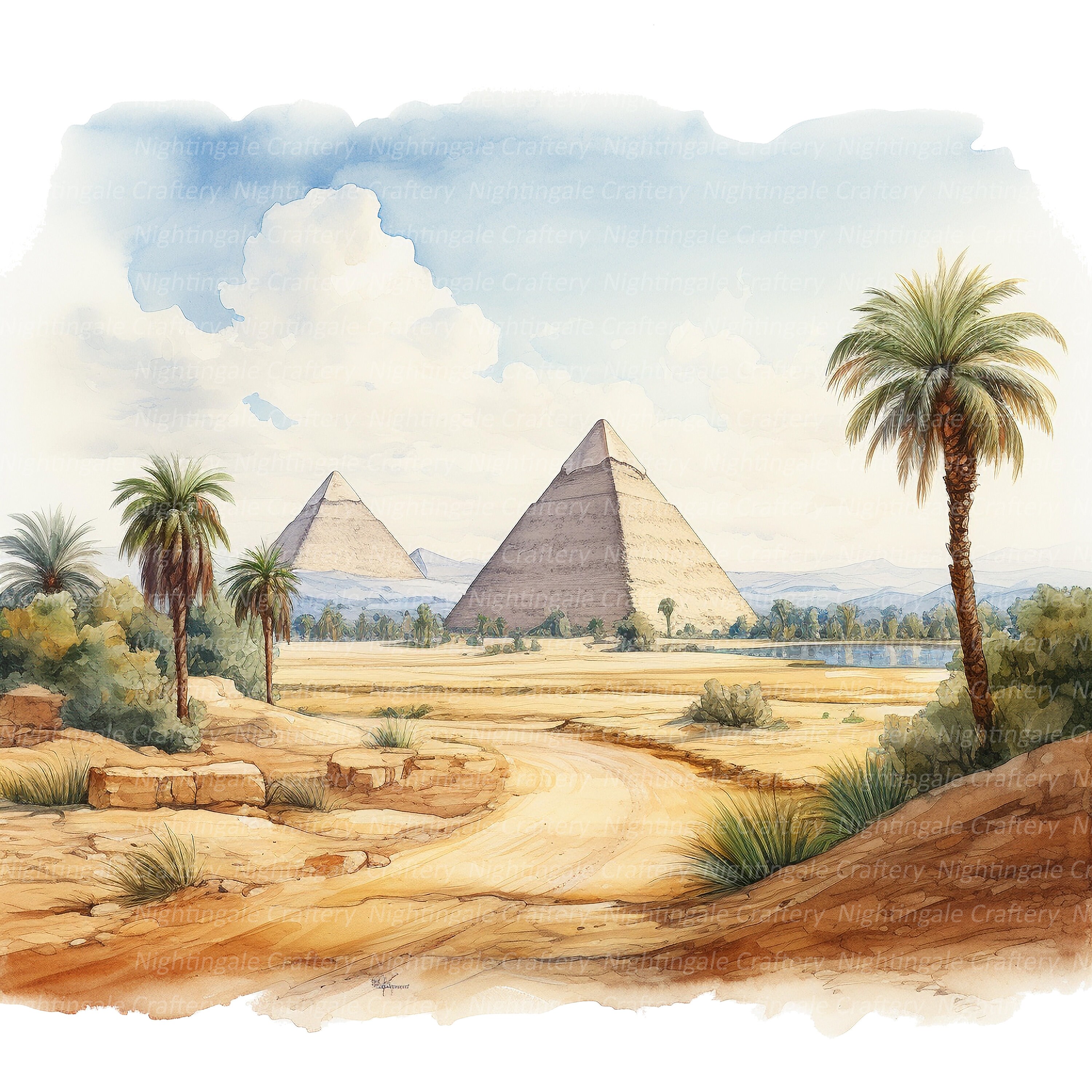 Watercolor Pyramid Landscape Clipart: Desert Scene (digital Download ...