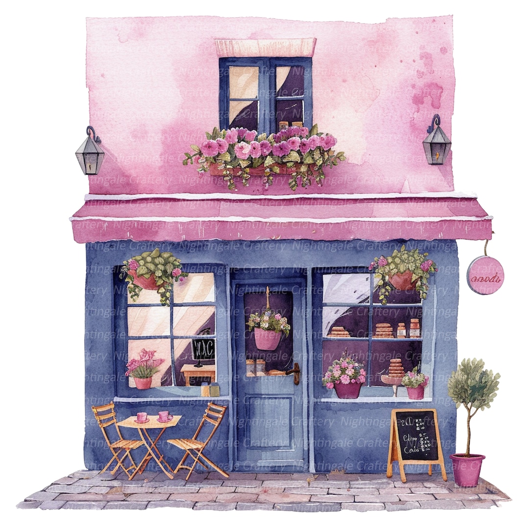 12 Street Cafe Clipart, Purple Cafe Drawing, Printable Watercolor ...