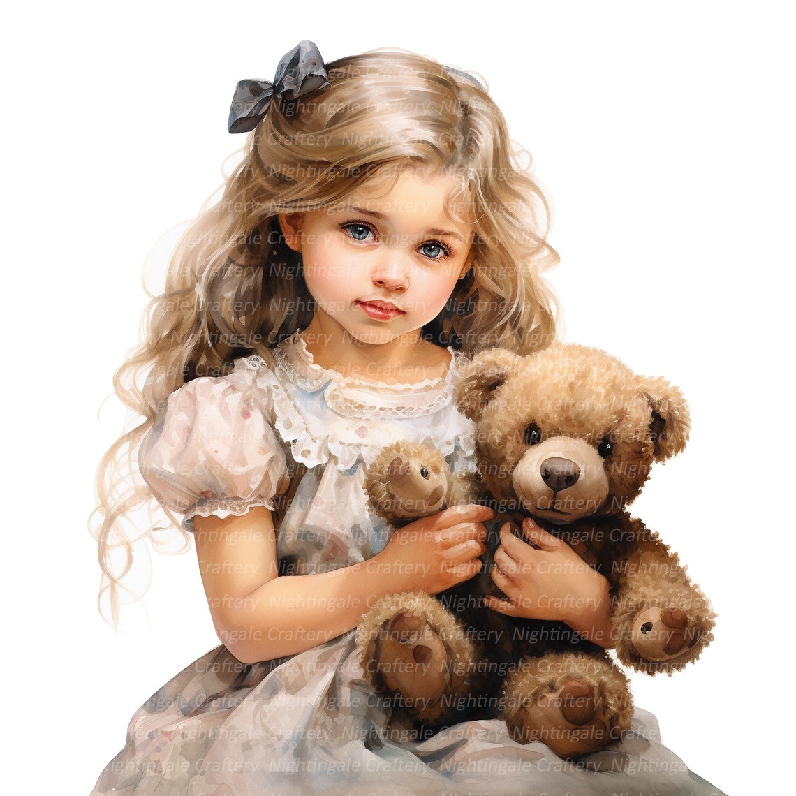 12 Victorian Girl With Teddy Bear Clipart, Printable Watercolor Clipart ...