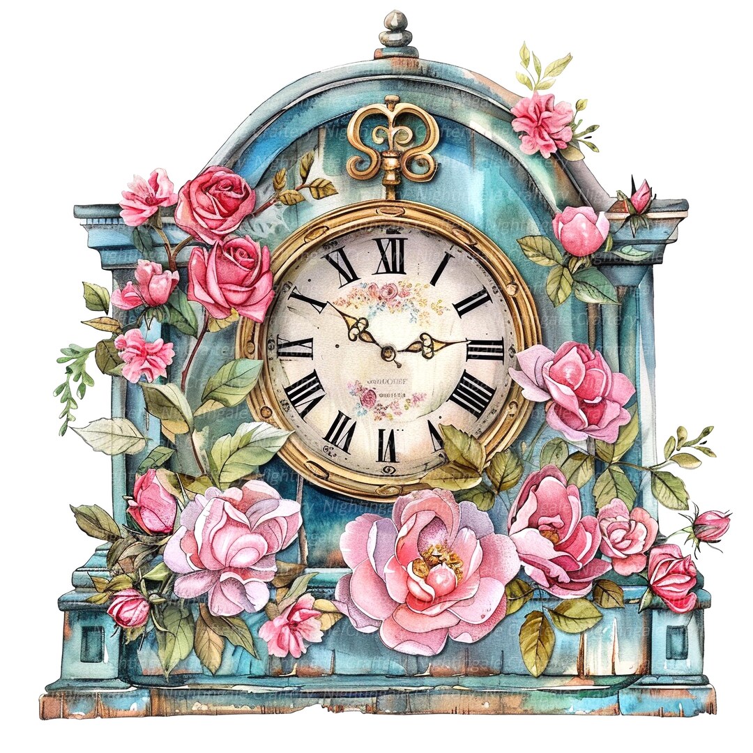 11 Vintage Floral Clock Clipart, Victorian Clock, Printable Watercolor ...