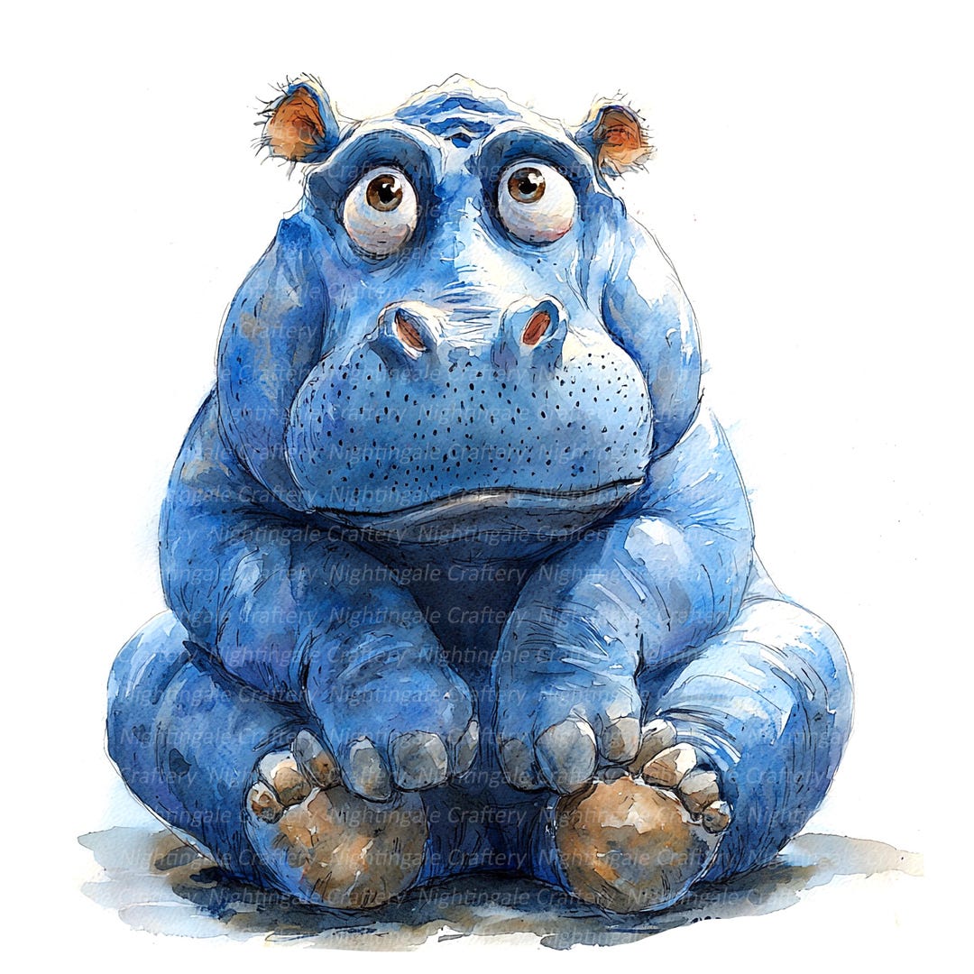 10 Cartoon Hippo Clipart, Grumpy Hippo, Printable Watercolor Clipart ...