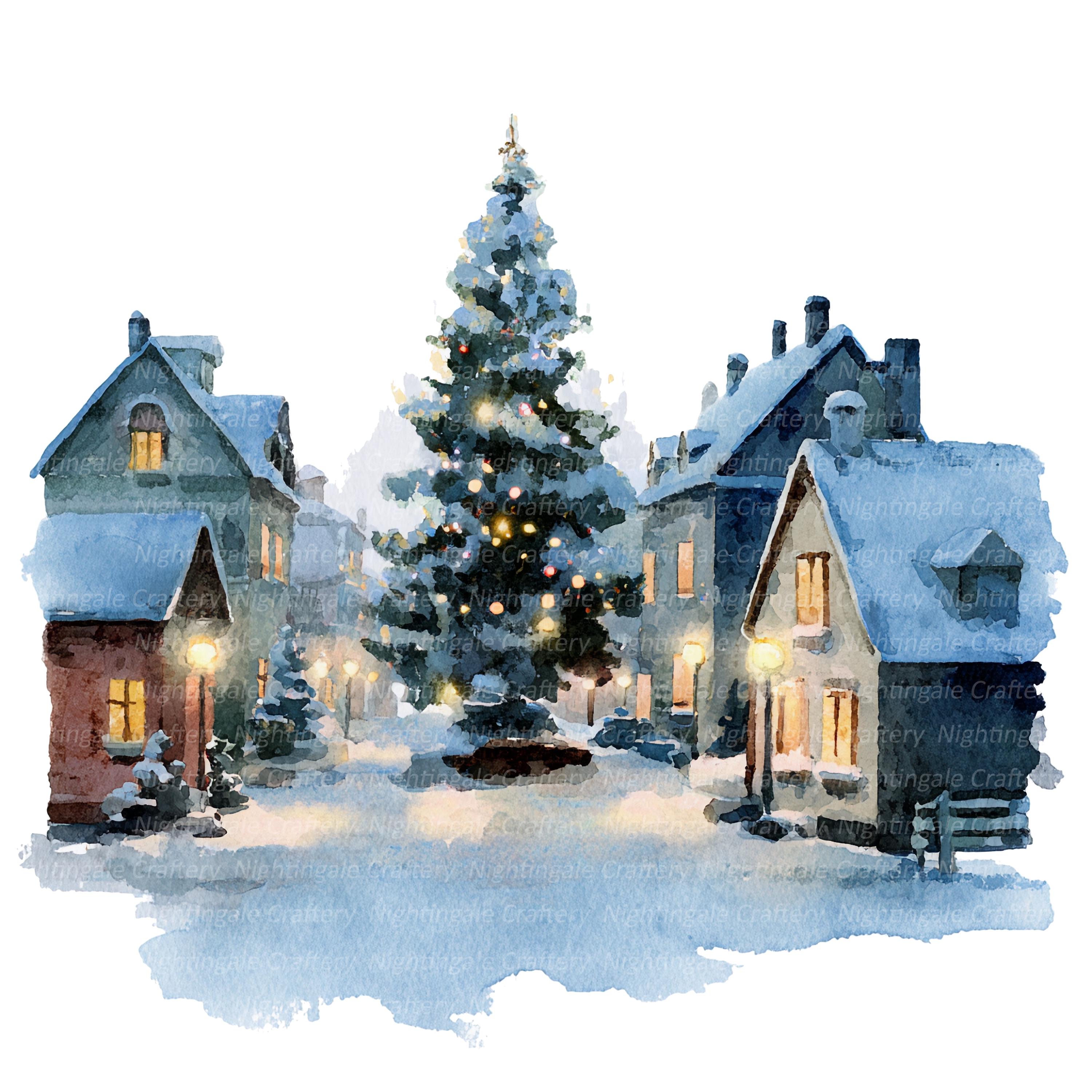 Christmas Village Watercolor Clipart: Holiday Card Art (digital ...