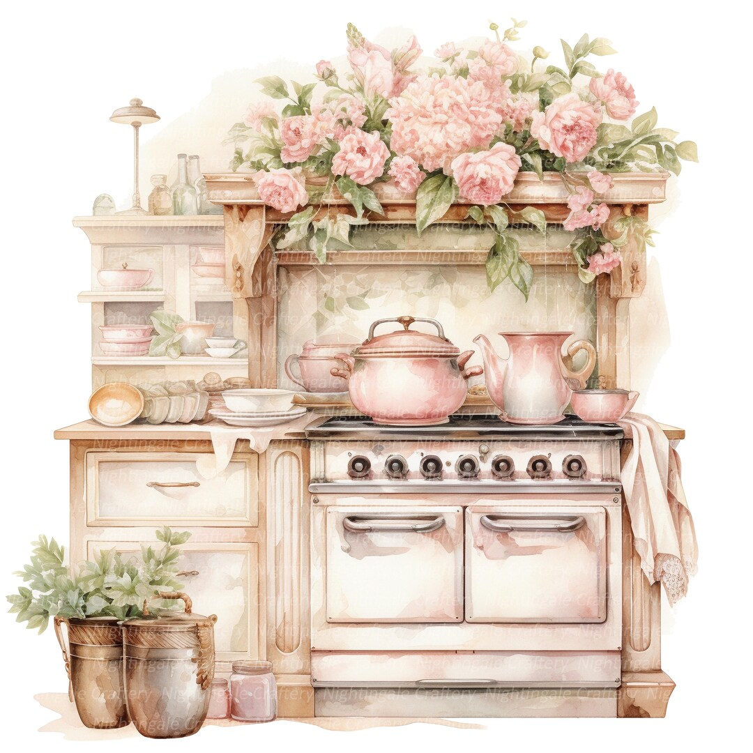 14 Vintage Floral Kitchen Clipart, Shabby Chic, Printable Watercolor ...