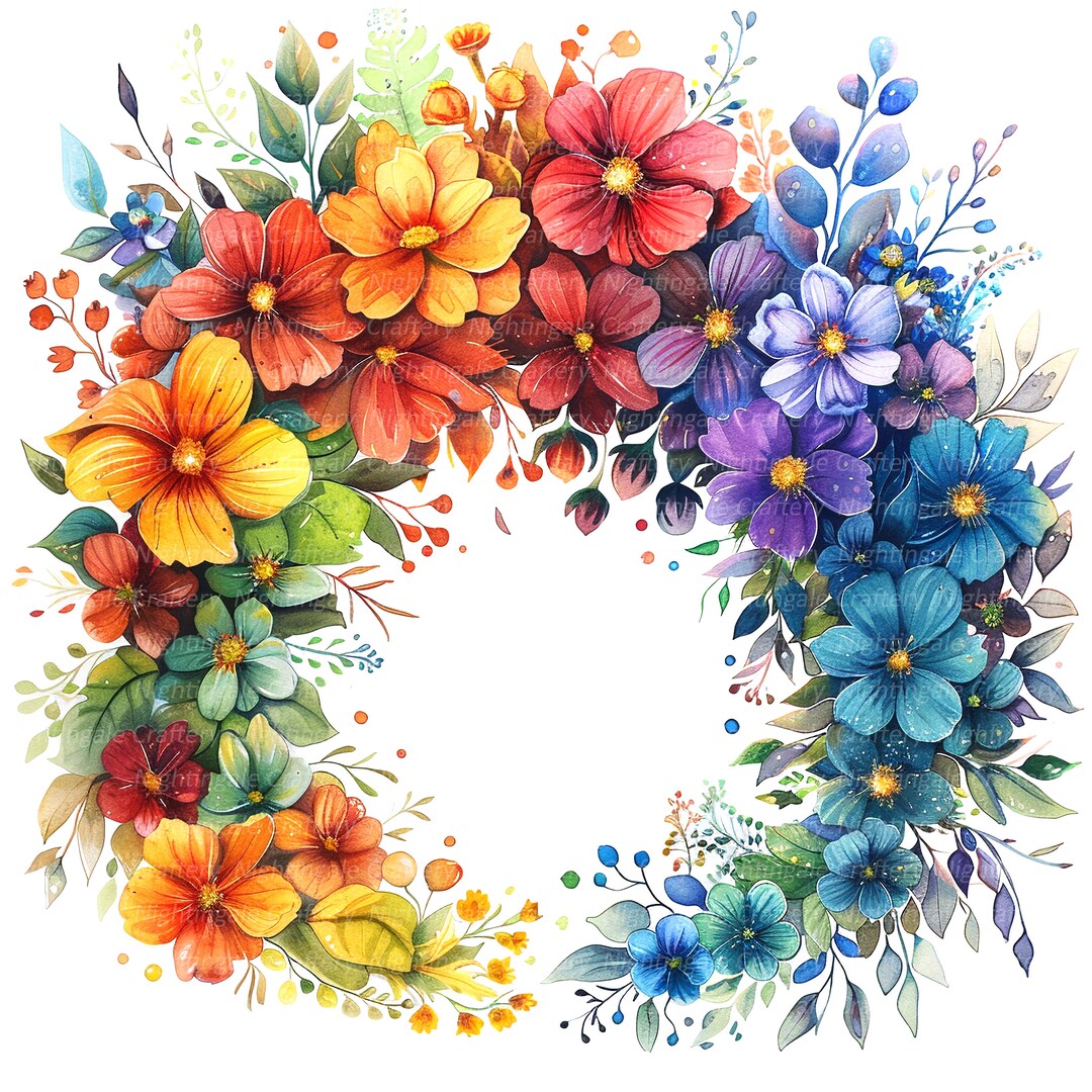 12 Floral Rainbow Clipart, Floral Wreath, Rainbow Clipart, Printable ...