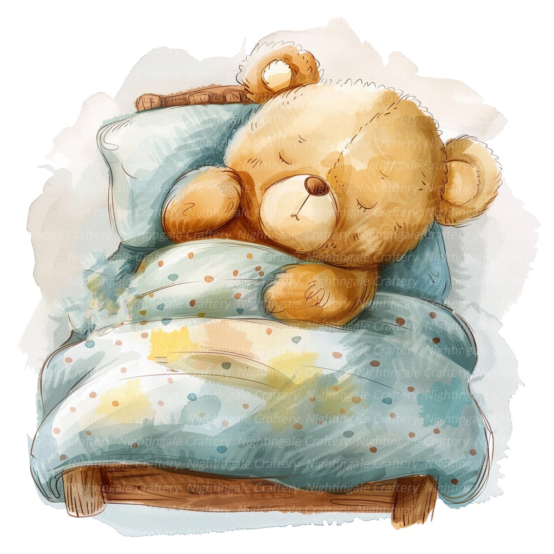8 Teddy Bear in Bed Clipart, Sleeping Teddy Bear, Printable Watercolor ...