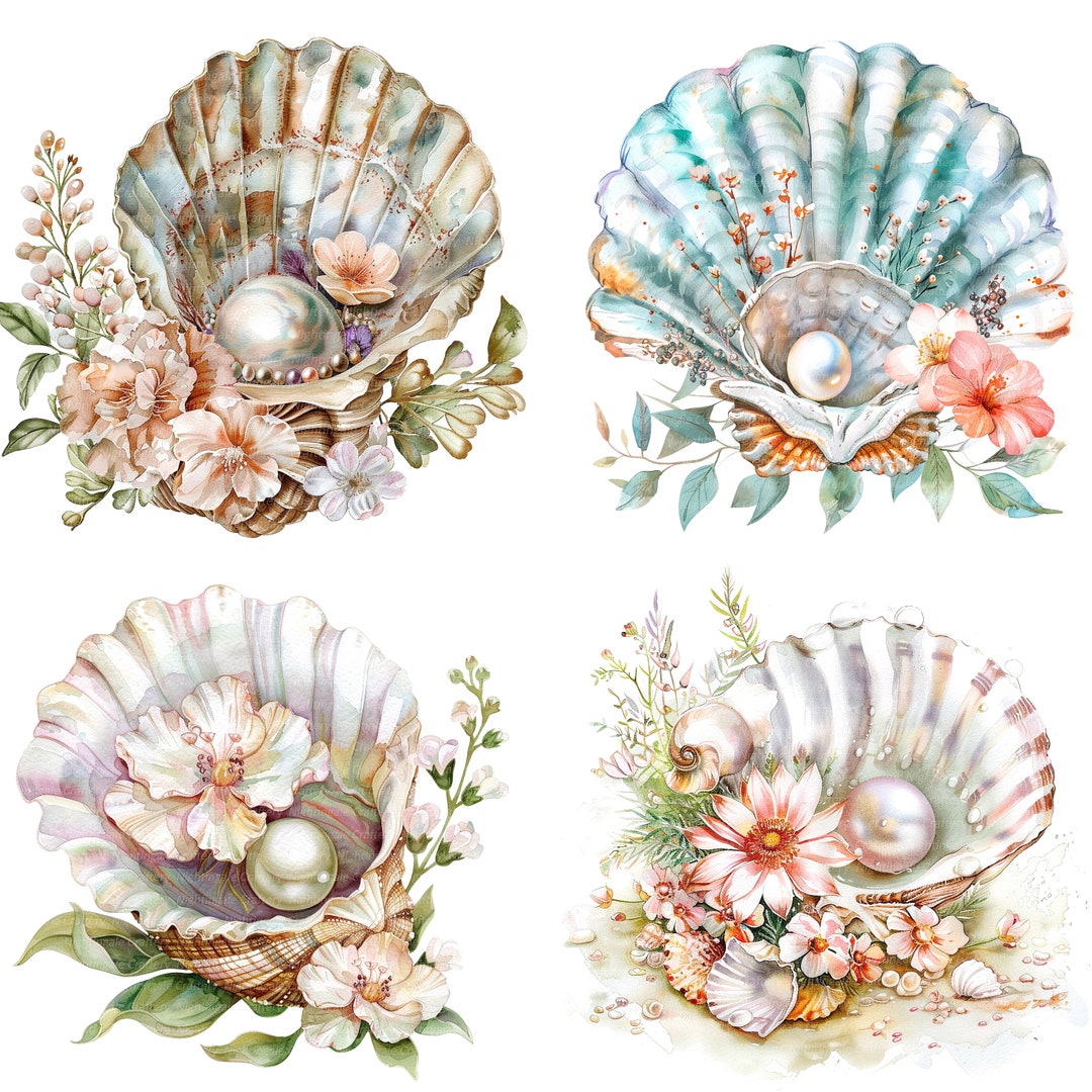 16 Sea Shells Clipart, Seashell Pearls Clipart, Printable Watercolor ...