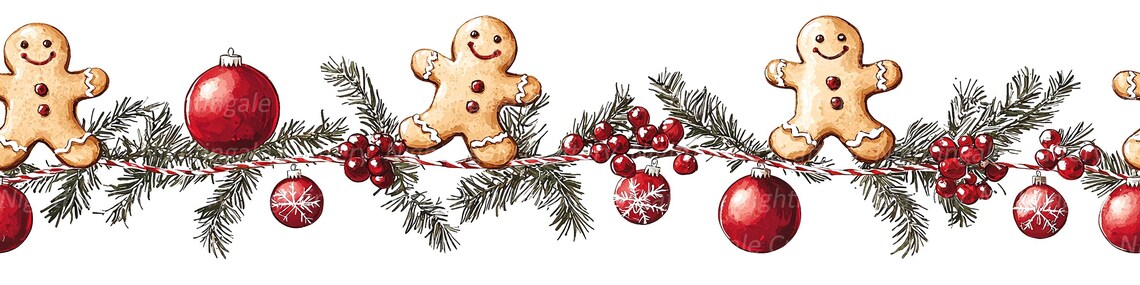 14 Christmas Garland Clipart, Seamless Border, Printable Watercolor ...