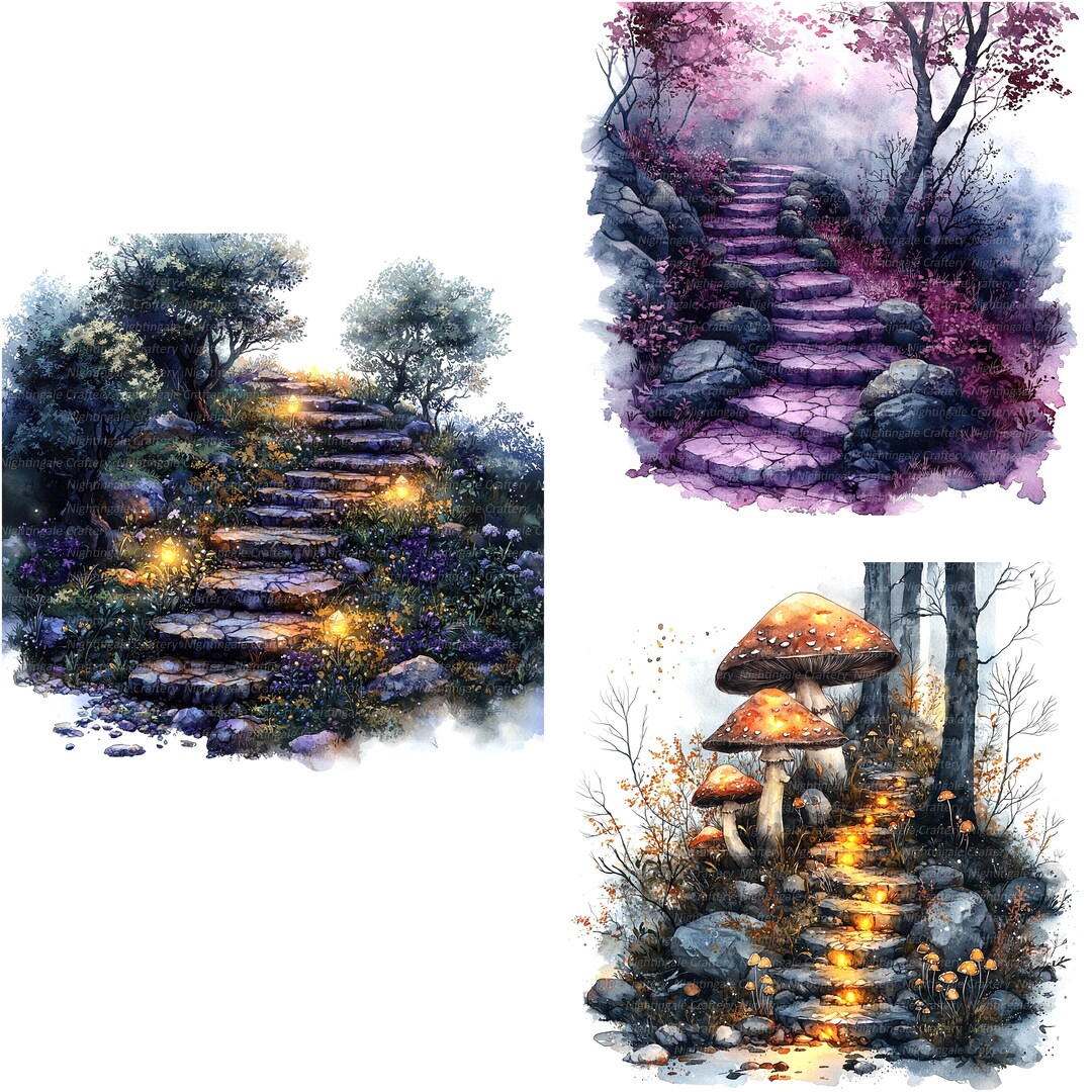 14 Enchanted Trail Stairs Clipart, Magic Forest, Printable Watercolor ...