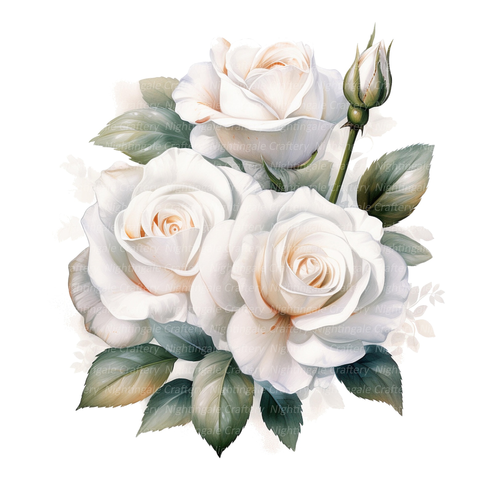 12 White Roses Bouquet Clipart, Wedding Bouquet, Printable Watercolor ...
