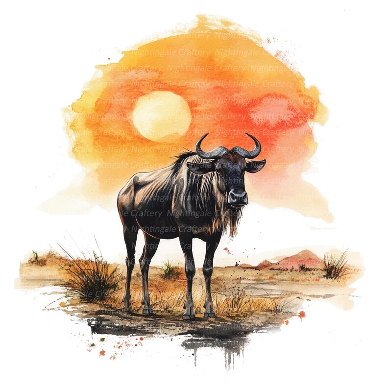 10 Black Wildebeest Clipart, Antelope Gnu, Printable Watercolor Clipart ...