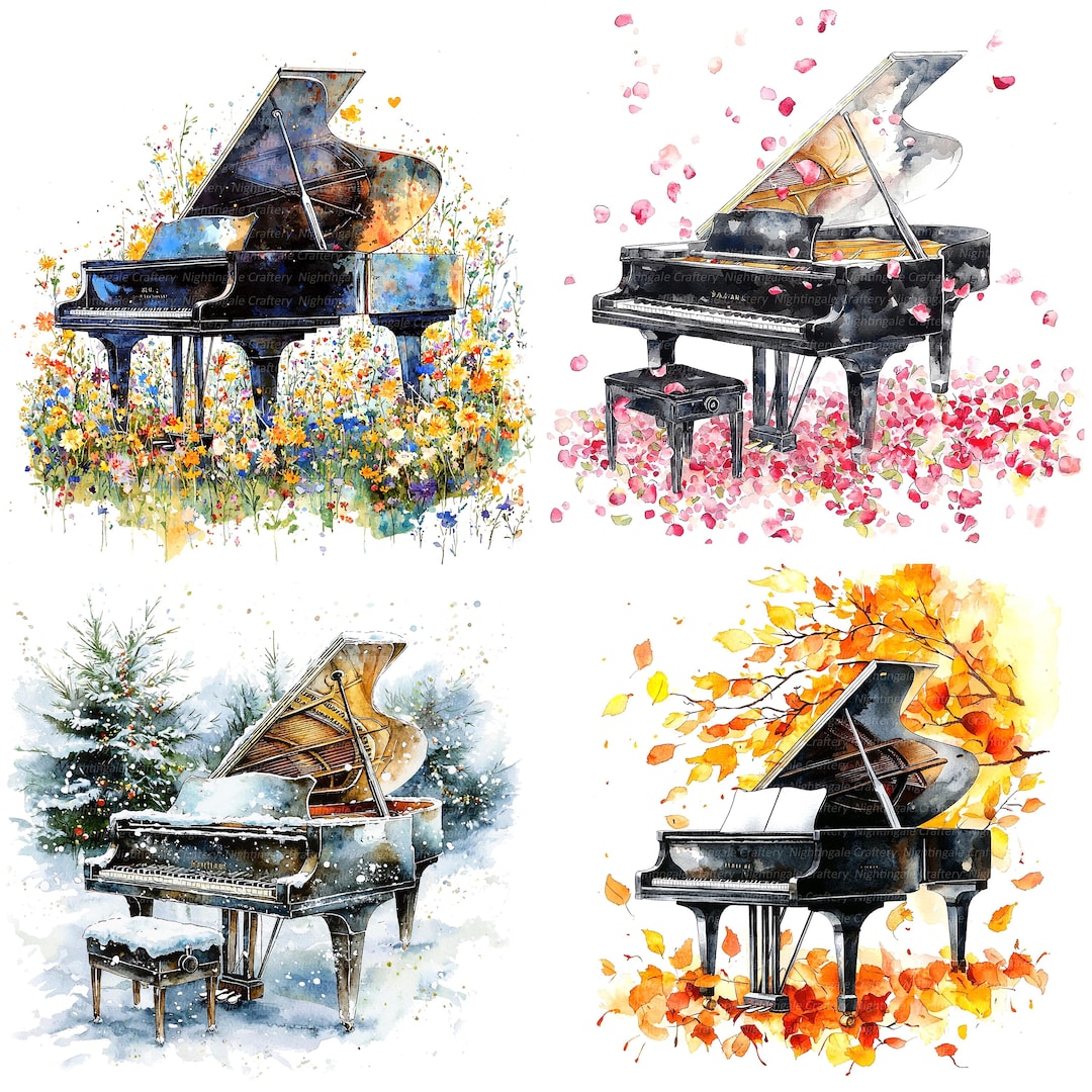 13 Floral Piano Clipart, Piano in Seasons, Printable Watercolor Clipart ...