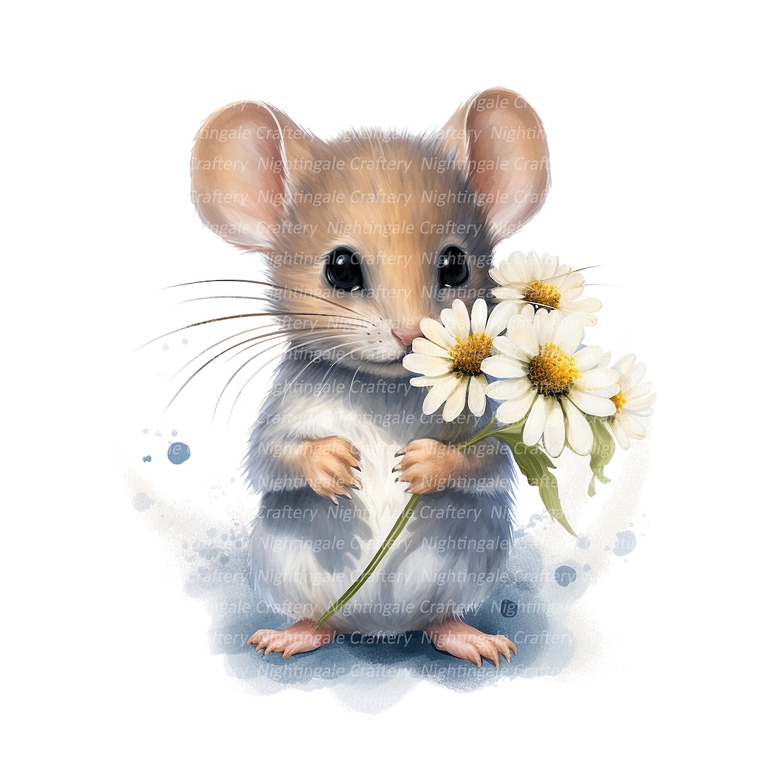 Cute Mouse and Flower Clipart, Printable Watercolor Clipart, 12 High ...