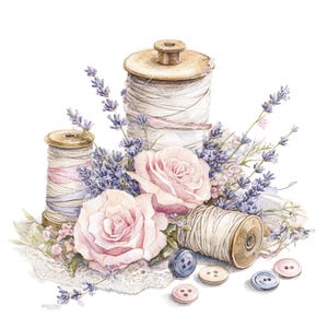 14 Vintage Spools of Thread Clipart, Floral Sewing Kit, Printable ...