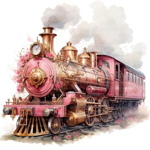11 Princess Train Clipart, Vintage Steam Train, Printable Watercolor ...