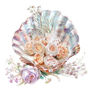14 Floral Sea Shells Clipart, Seashell Clipart, Printable Watercolor ...