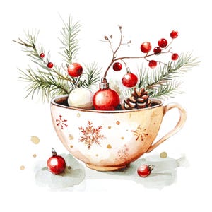 10 Christmas Tea Cup Clipart, Christmas Card, Printable Watercolor ...