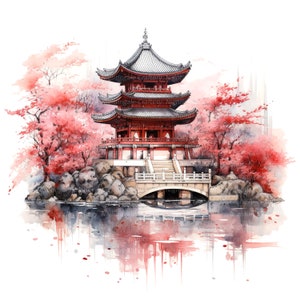 10 Japanese Temple Landscape Clipart, Printable Watercolor Clipart ...