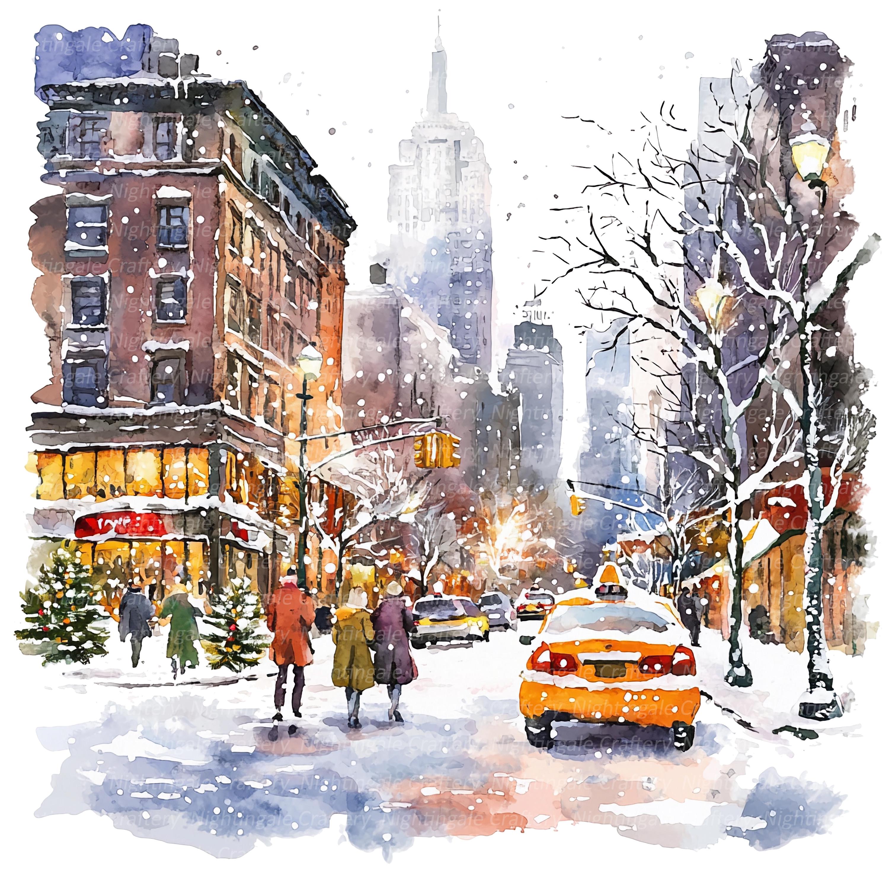 9 Snowy New York Clipart, Winter City Landscape, Printable Watercolor ...