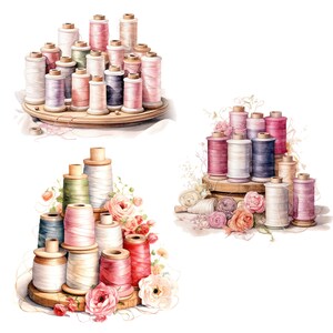 14 Vintage Spools of Thread Clipart, Floral, Printable Watercolor ...