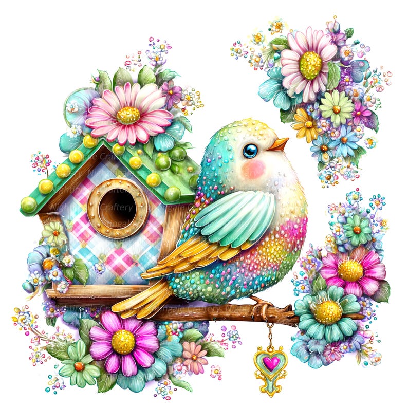 14 Bird and Birdhouse Clipart, Floral Birdhouse, Illustration ...