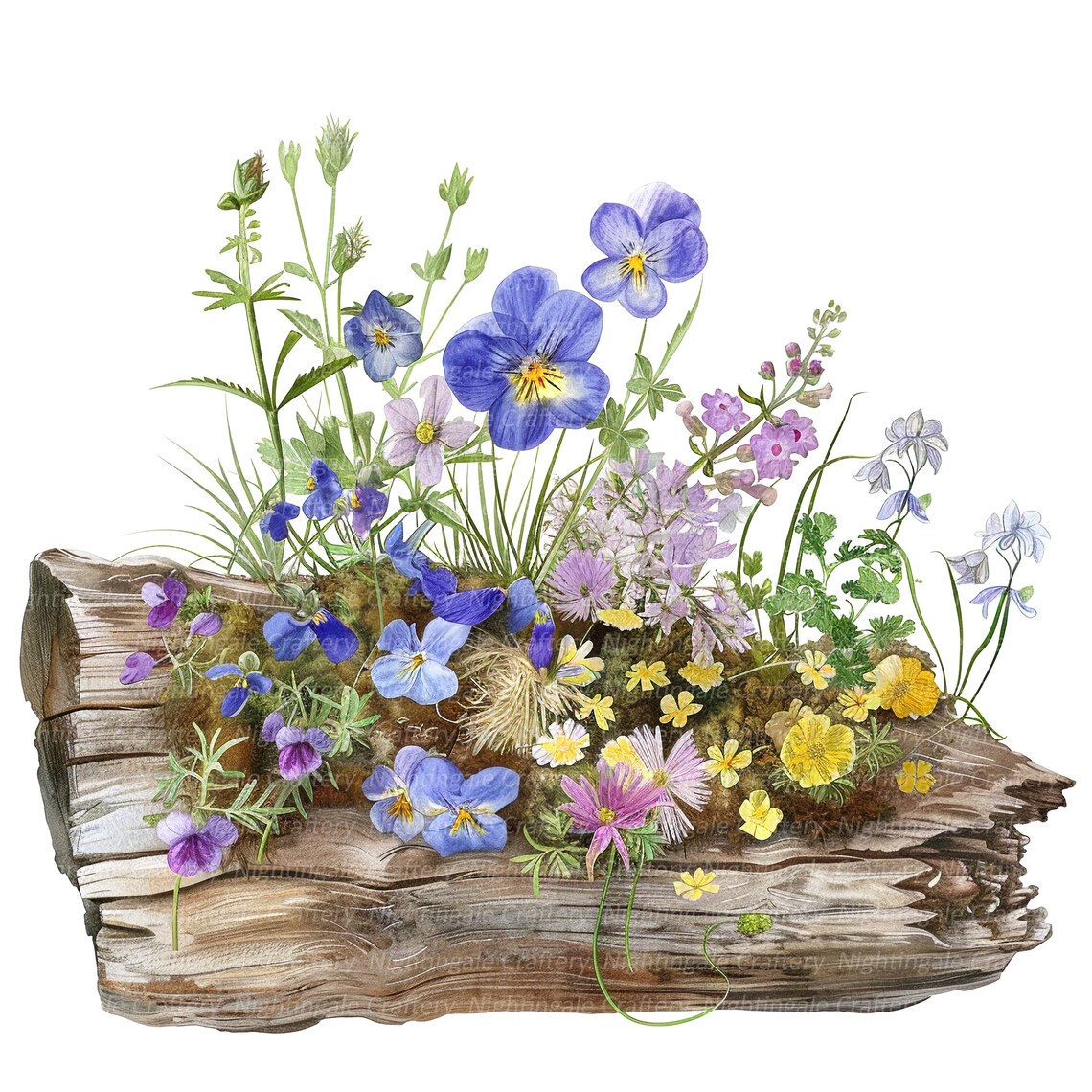 12 Wildblumen auf Log Clipart Set 2, Wildblumen, druckbare Aquarell ...