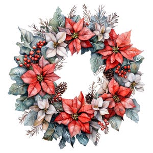 10 Poinsettia Christmas Wreath Clipart, Card Making, Watercolor Clipart ...