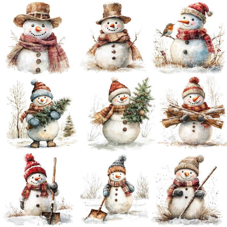 40 Various Snowmen Set Clipart, Christmas Bundle, Printable Watercolor ...