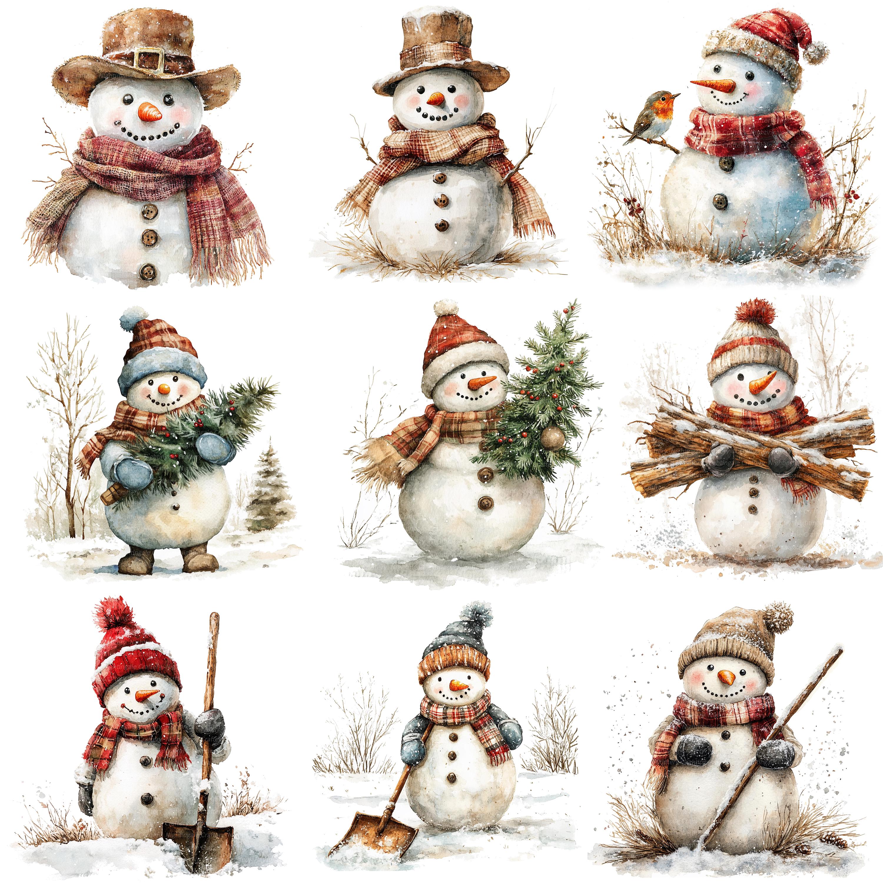 40 Various Snowmen Set Clipart, Christmas Bundle, Printable Watercolor ...