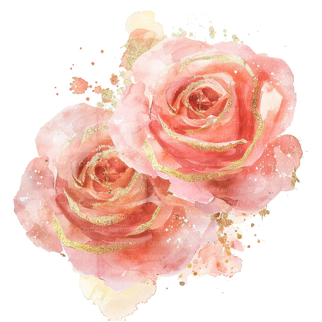 9 Pink Golden Roses Clipart, Roses Bouquet, Printable Watercolor ...