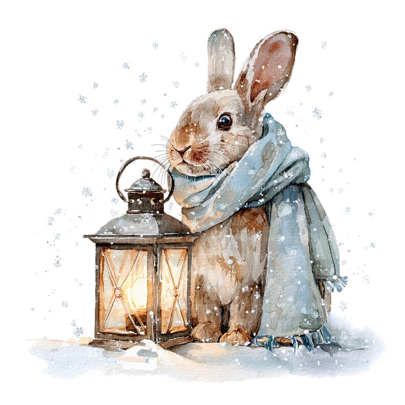 10 Winter Bunny Clipart, Bunny With Lantern, Printable Watercolor ...