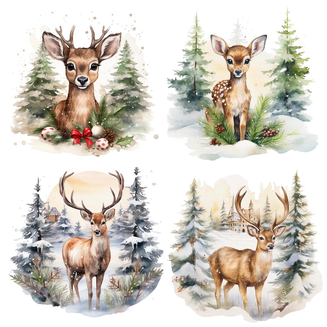 15 Christmas Tree Deer Clipart, Reindeer, Elk, Printable Watercolor ...