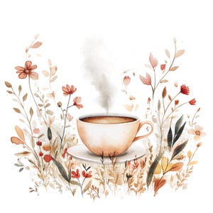8 Coffee Cup, Boho Floral Coffee Clipart, Printable Watercolor Clipart ...