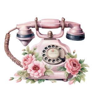 8 Vintage Floral Phone Clipart, Retro Telephone, Printable Watercolor ...