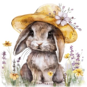 10 Cute Bunny With Hat Clipart, Spring Bunny, Printable Watercolor ...