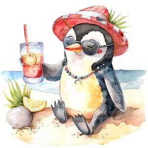 12 Hawaiian Penguin Clipart, Penguin in Beach, Printable Watercolor ...