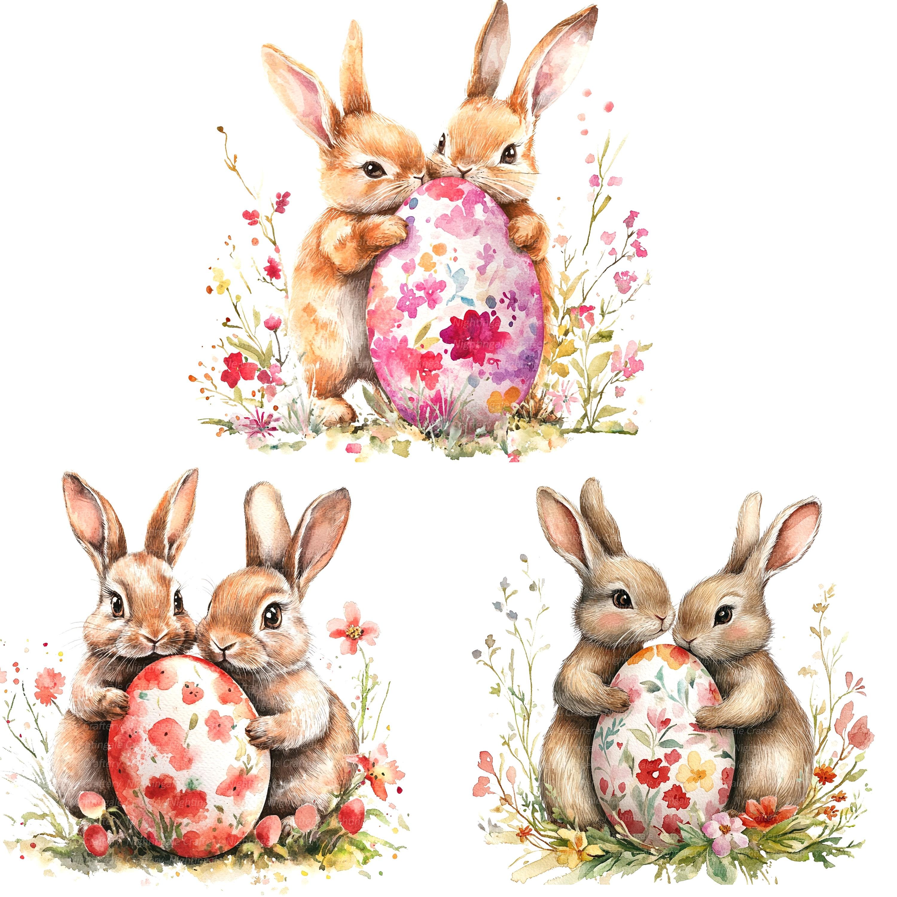 14 Easter Bunnies and Egg Clipart, Easter Clipart, Printable Watercolor ...